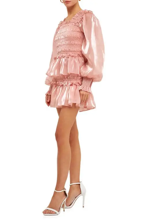 Endless Rose Metallic Sheen Long Sleeve Ruffle Mini Dress
