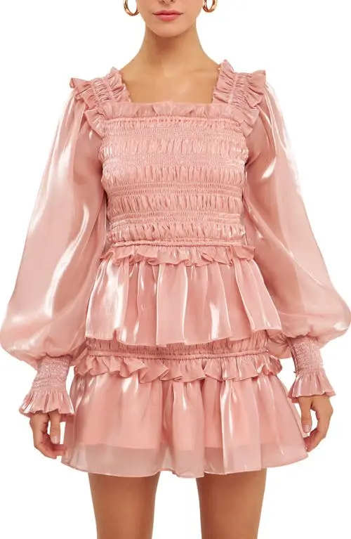 Endless Rose Metallic Sheen Long Sleeve Ruffle Mini Dress