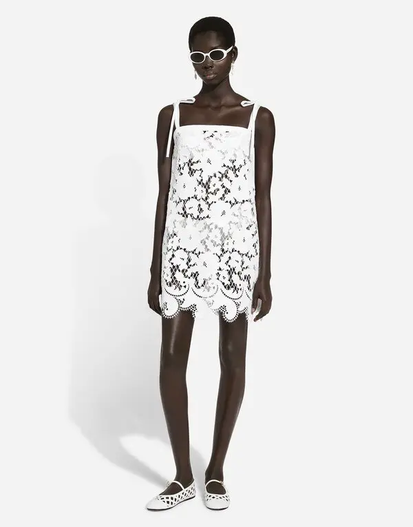 Dolce & Gabbana Cotton Minidress With Floral Openwork Embroidery