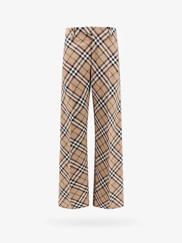Burberry Wool Blend Check Print Trousers - Beige