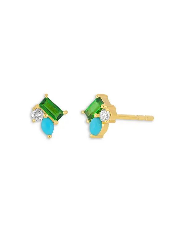 Ef Collection 14k Yellow Gold Triple Treasure Stud Earrings - Multi
