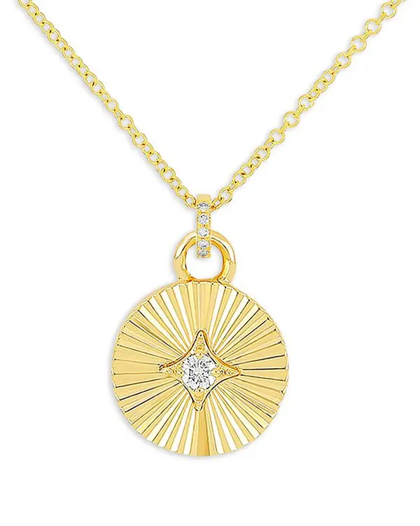 Ef Collection 14k Yellow Fluted Disc Pendant Necklace With Diamonds - Gold