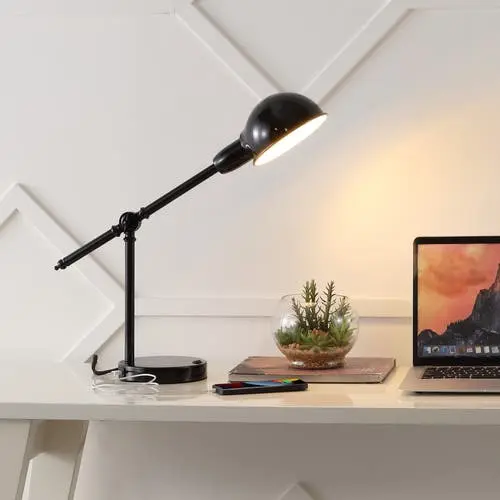 JONATHAN Y Curtis Vintage Industrial Iron Adjustable Dome Shade Led Task Lamp With Usb Charging Port - Black