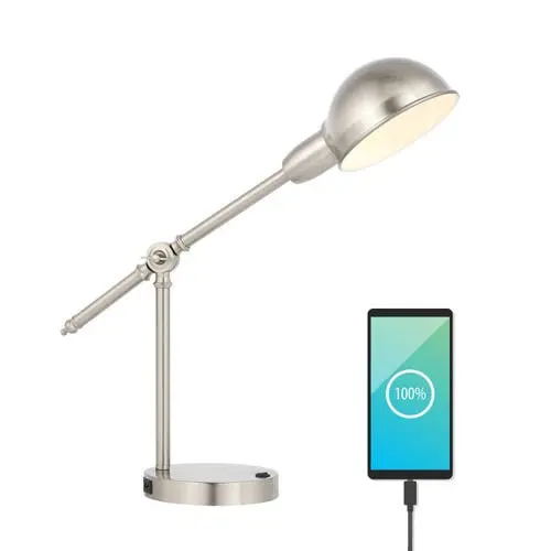 JONATHAN Y Curtis Vintage Industrial Iron Adjustable Dome Shade Led Task Lamp With Usb Charging Port - Nickel