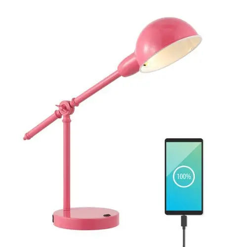 JONATHAN Y Curtis Vintage Industrial Iron Adjustable Dome Shade Led Task Lamp With Usb Charging Port - Pink