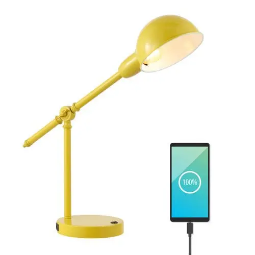 JONATHAN Y Curtis Vintage Industrial Iron Adjustable Dome Shade Led Task Lamp With Usb Charging Port - Yellow