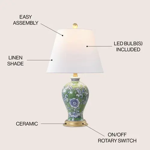 JONATHAN Y Grace French Country Cottage Ceramic/iron Floral Urn Led Table Lamp - Green/white