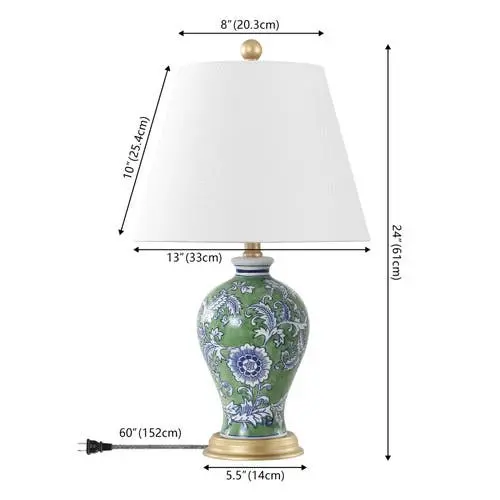 JONATHAN Y Grace French Country Cottage Ceramic/iron Floral Urn Led Table Lamp - Green/white