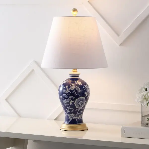 JONATHAN Y Grace French Country Cottage Ceramic/iron Floral Urn Led Table Lamp - Navy/white
