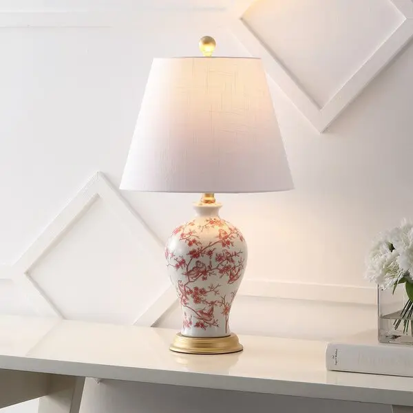 JONATHAN Y Grace French Country Cottage Ceramic/iron Floral Urn Led Table Lamp - White/red