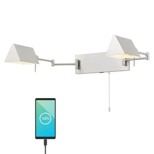 JONATHAN Y Arlo 2-light Farmhouse Industrial Double Swing Arm Iron Led Wall Sconce With Pull-chain Usb Charging Port - Nickel