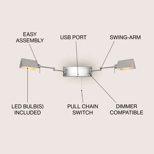 JONATHAN Y Arlo 2-light Farmhouse Industrial Double Swing Arm Iron Led Wall Sconce With Pull-chain Usb Charging Port