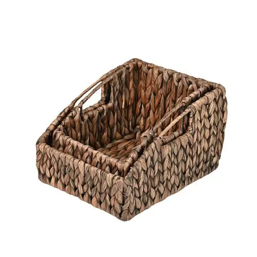 HAPPIMESS Havanah Southwestern Handwoven Hyacinth Slanted Pantry Baskets With Handles - Brown