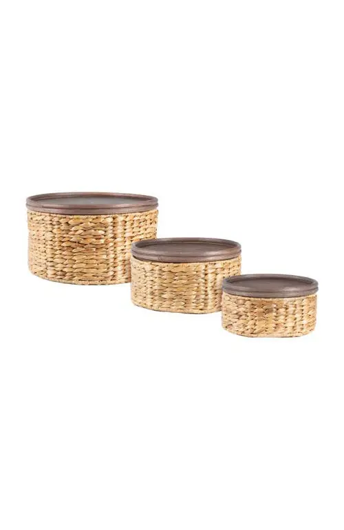 HAPPIMESS Gouda Southwestern Hand-woven Hyacinth Circular Nesting Baskets With Wood Lids - Natural