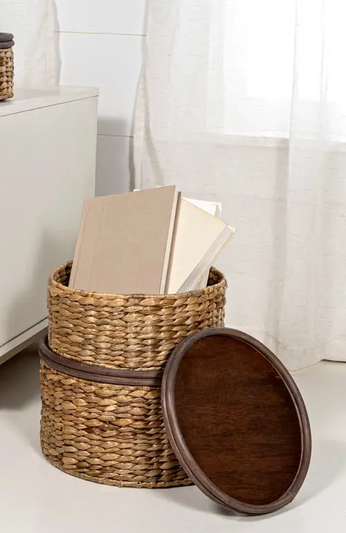 HAPPIMESS Gouda Southwestern Hand-woven Hyacinth Circular Nesting Baskets With Wood Lids
