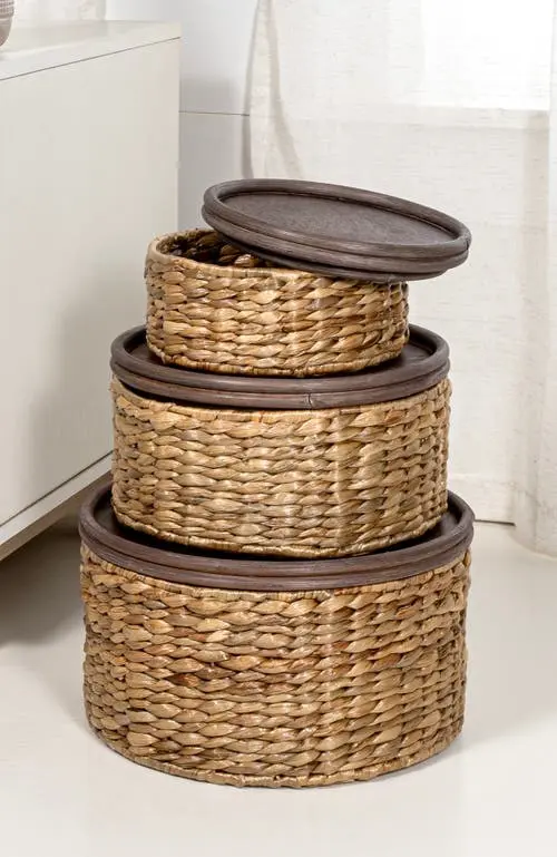 HAPPIMESS Gouda Southwestern Hand-woven Hyacinth Circular Nesting Baskets With Wood Lids