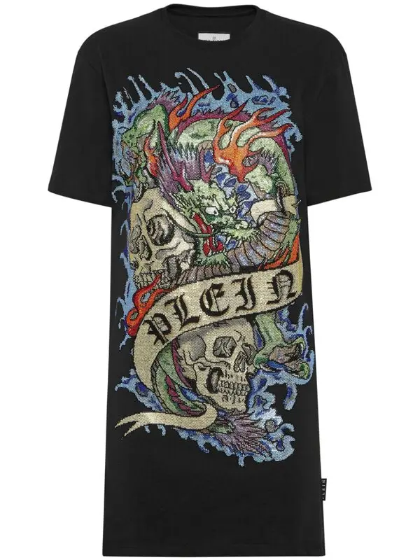Philipp Plein Tattoo Crystal T-shirt Dress - Black