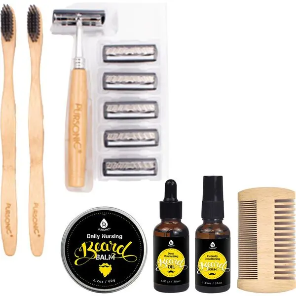 PURSONIC Beard Care Grooming Kit & Eco Friendly Razor + Toothbrushes Combo Pack - Multicolor