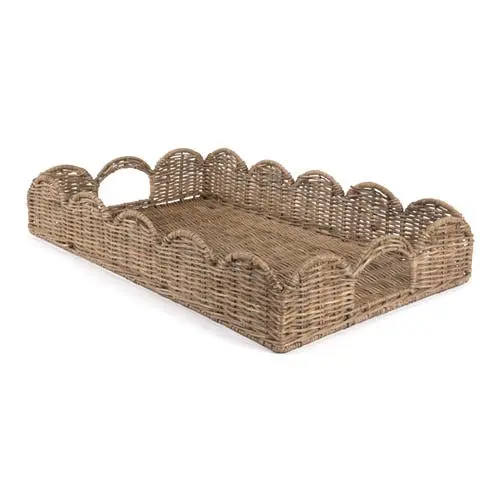 HAPPIMESS Scalloped 21.5" Southwestern Cottage Hand-woven Rattan Tray With Handles - Natural