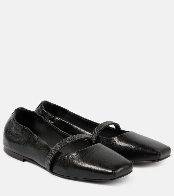 Brunello Cucinelli Monili Leather Mary Jane Flats