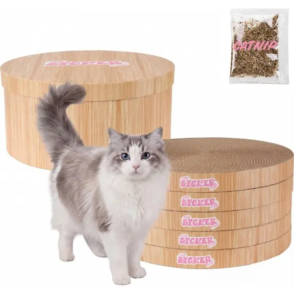 THE LICKER STORE Kate Modern Patterned Cardboard Reversible Cat Scratcher Pad In Box With Catnip - Brown Wood Grain Finish