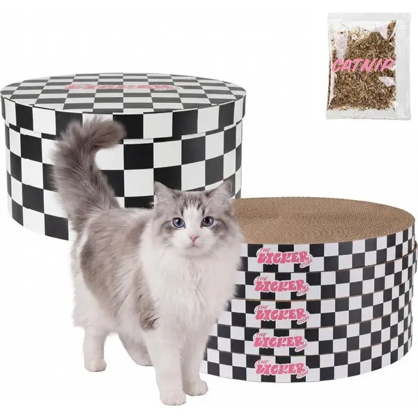 THE LICKER STORE Kate Modern Patterned Cardboard Reversible Cat Scratcher Pad In Box With Catnip - Checker Black/white