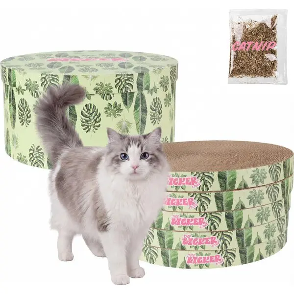 THE LICKER STORE Kate Modern Patterned Cardboard Reversible Cat Scratcher Pad In Box With Catnip - Mint/green