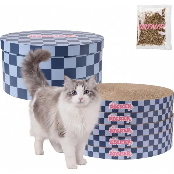 THE LICKER STORE Kate Modern Patterned Cardboard Reversible Cat Scratcher Pad In Box With Catnip - Navy/blue