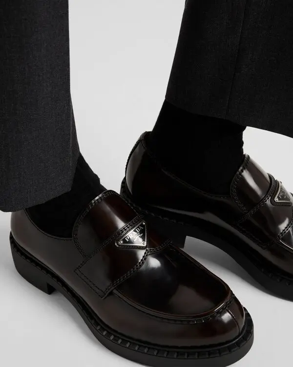 Prada Chocolate Brushed Leather Loafers - Sienna