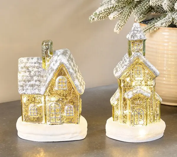 VALERIE PARR HILL 2-piece Lit Mercury Glass Church And Cottage Valerie - One-color