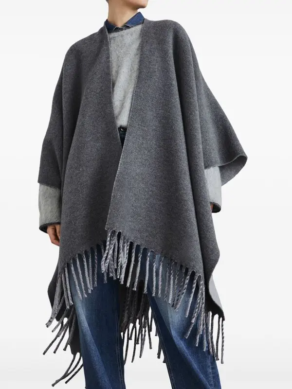Brunello Cucinelli Wool-cashmere Cape With Fringed Edge - Grey