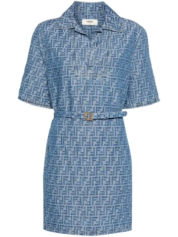Fendi Ff-Motif Belted Mini Dress - Blue | Editorialist