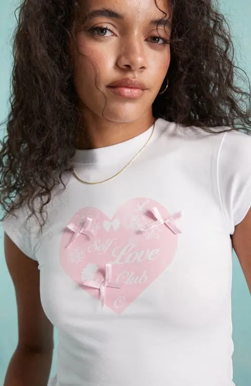 MISS SELFRIDGE Self Love Club Bow Graphic Baby Tee