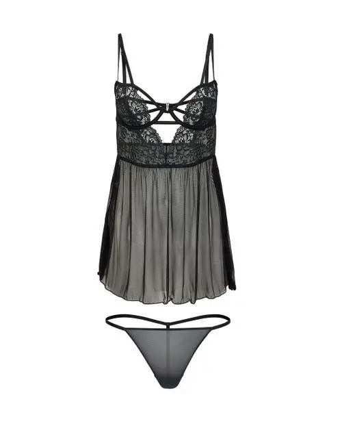 ADORE ME Rae Unlined Babydoll & G-string Set Lingerie - Charcoal