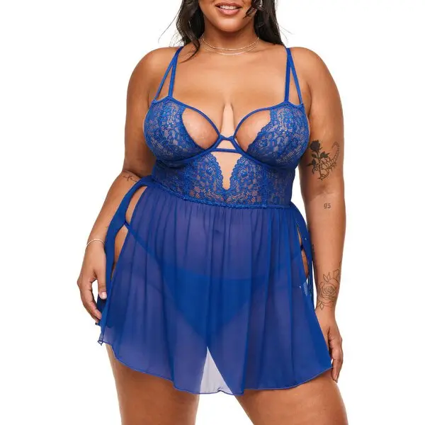 ADORE ME Rae Unlined Babydoll & G-string Set Lingerie - Surf The Web Blue