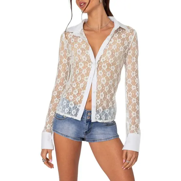 EDIKTED Cecilia Floral Lace Button-up Top