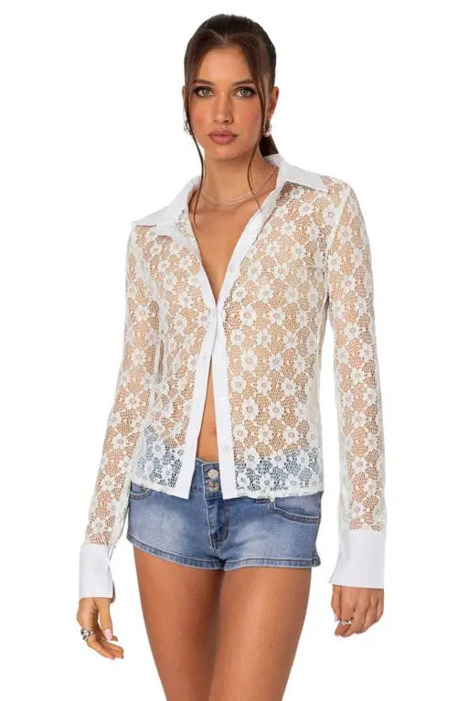 EDIKTED Cecilia Floral Lace Button-up Top