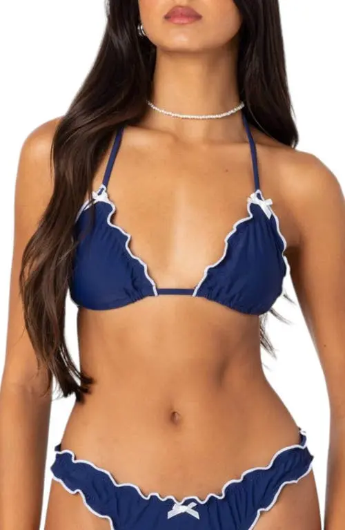 EDIKTED Ruffle Edge Triangle Bikini Top - Navy