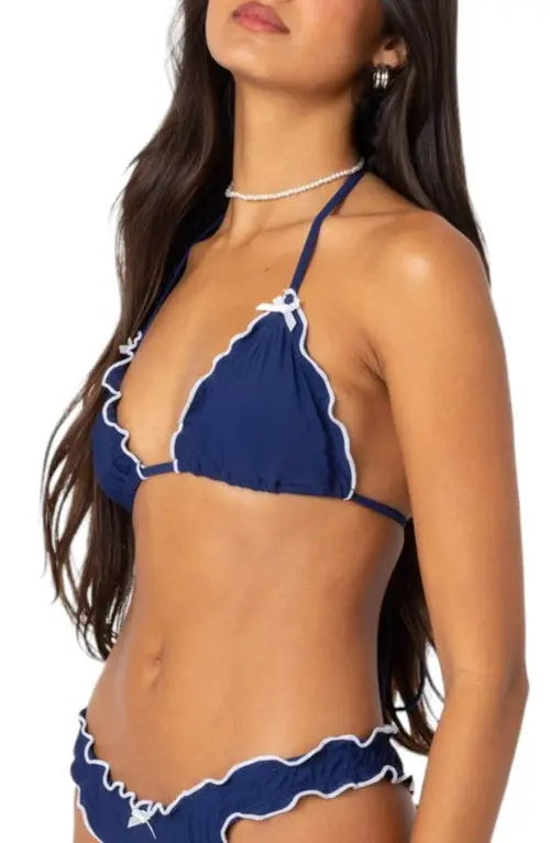 EDIKTED Ruffle Edge Triangle Bikini Top - Navy