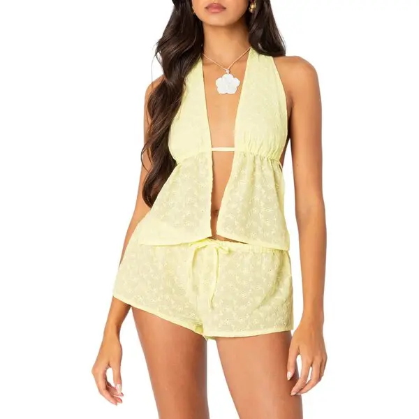 EDIKTED Eyelet Split Front Halter Top - Yellow