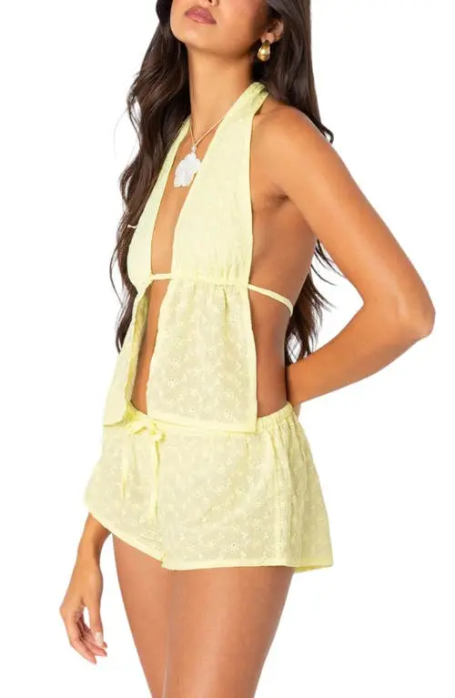 EDIKTED Eyelet Split Front Halter Top - Yellow