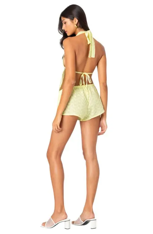 EDIKTED Eyelet Split Front Halter Top - Yellow