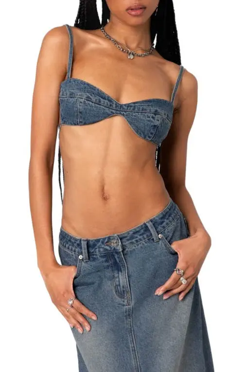 EDIKTED Lassy Tie Back Denim Bralette - Blue-washed