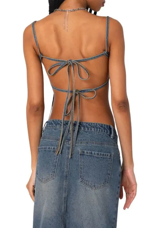 EDIKTED Lassy Tie Back Denim Bralette