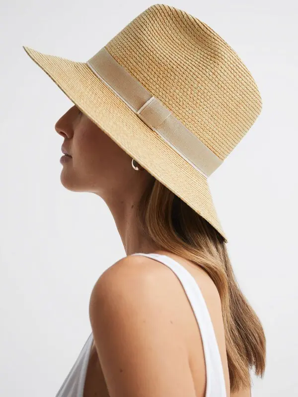 REISS Gracie Raffia Short Brim Sun Hat