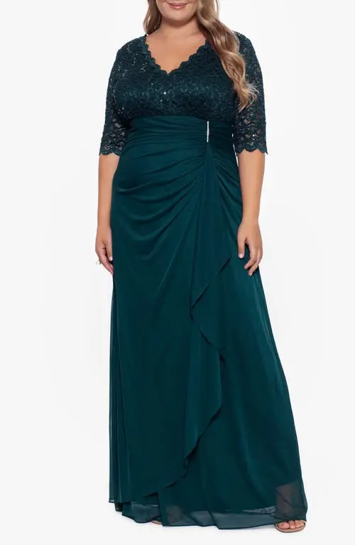 Betsy & Adam V-Neck Lace Gown - Pine | Editorialist