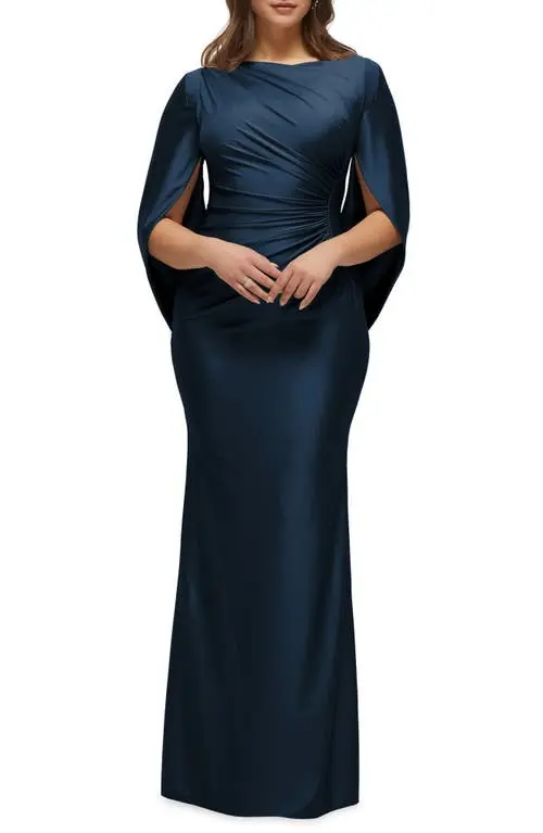 After Six Cape Sleeve Satin Gown - Midnight