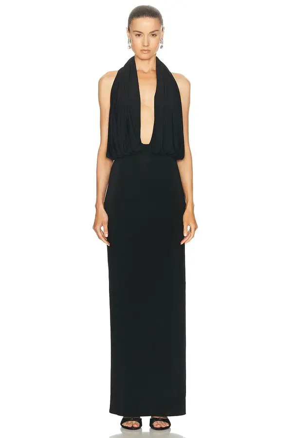 halter dress Deep V-Neck Halter Ruched Back Solid Dress main image 0
