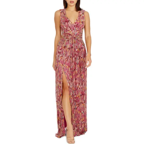 Dress The Population Leanna Print Metallic Gown - Bright Fuchsia Multi