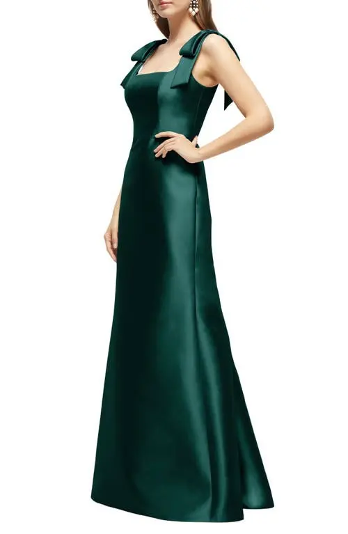 Alfred Sung Bow Strap Satin Twill Trumpet Gown - Evergreen